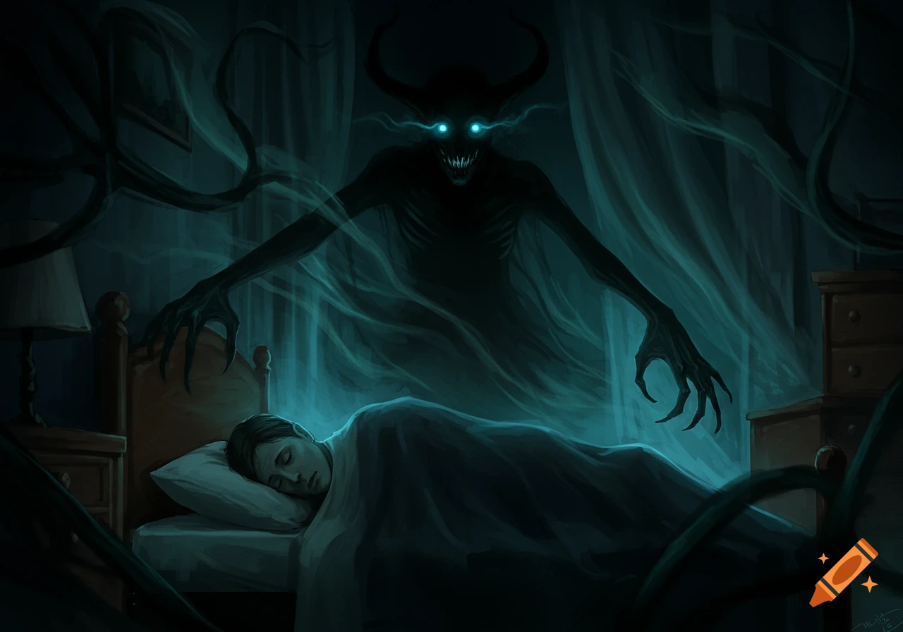 A shadowy, horned demon with glowing blue eyes looms over a sleeping ...