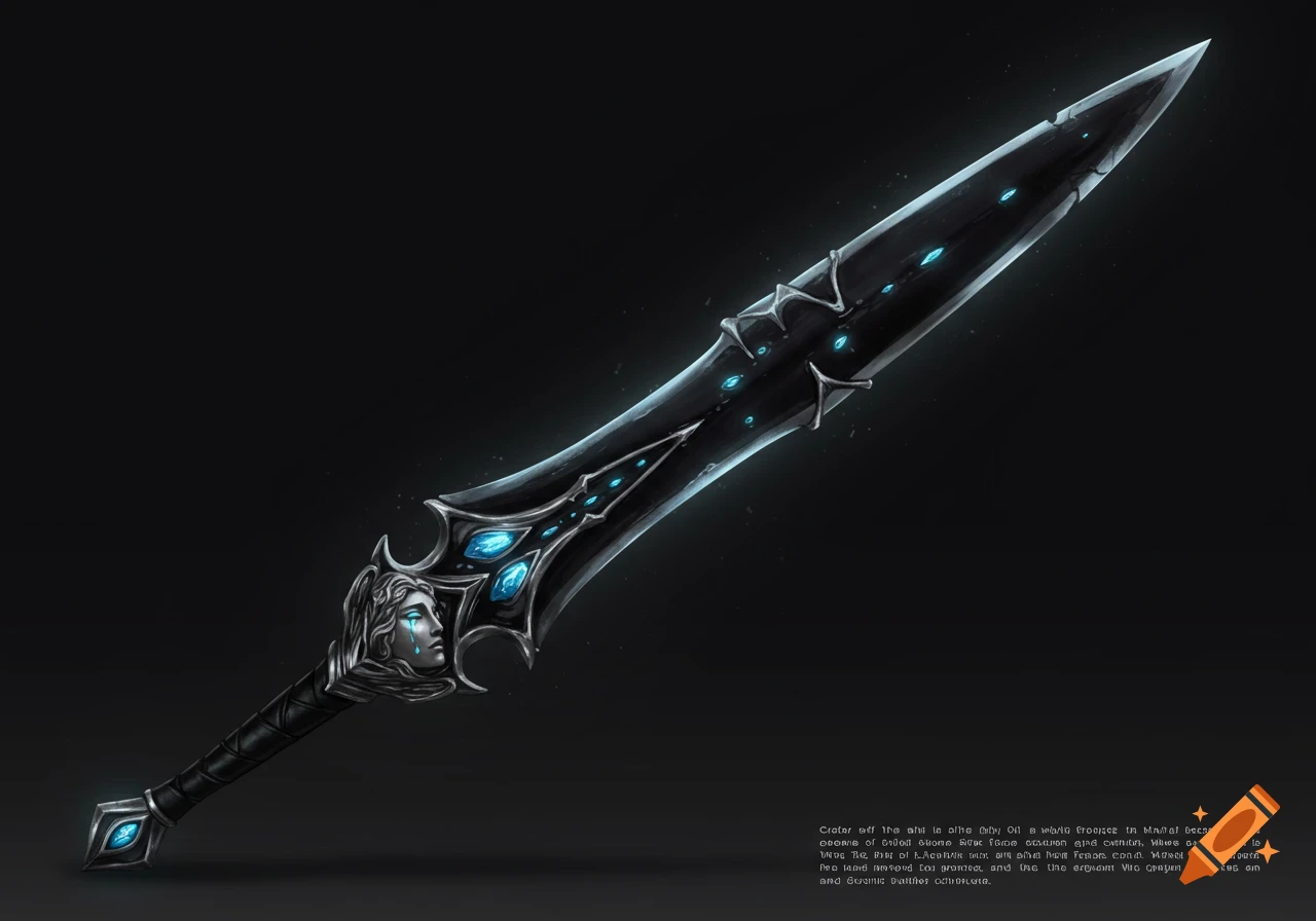 Ornate black fantasy sword with glowing blue crystal inlays and a ...
