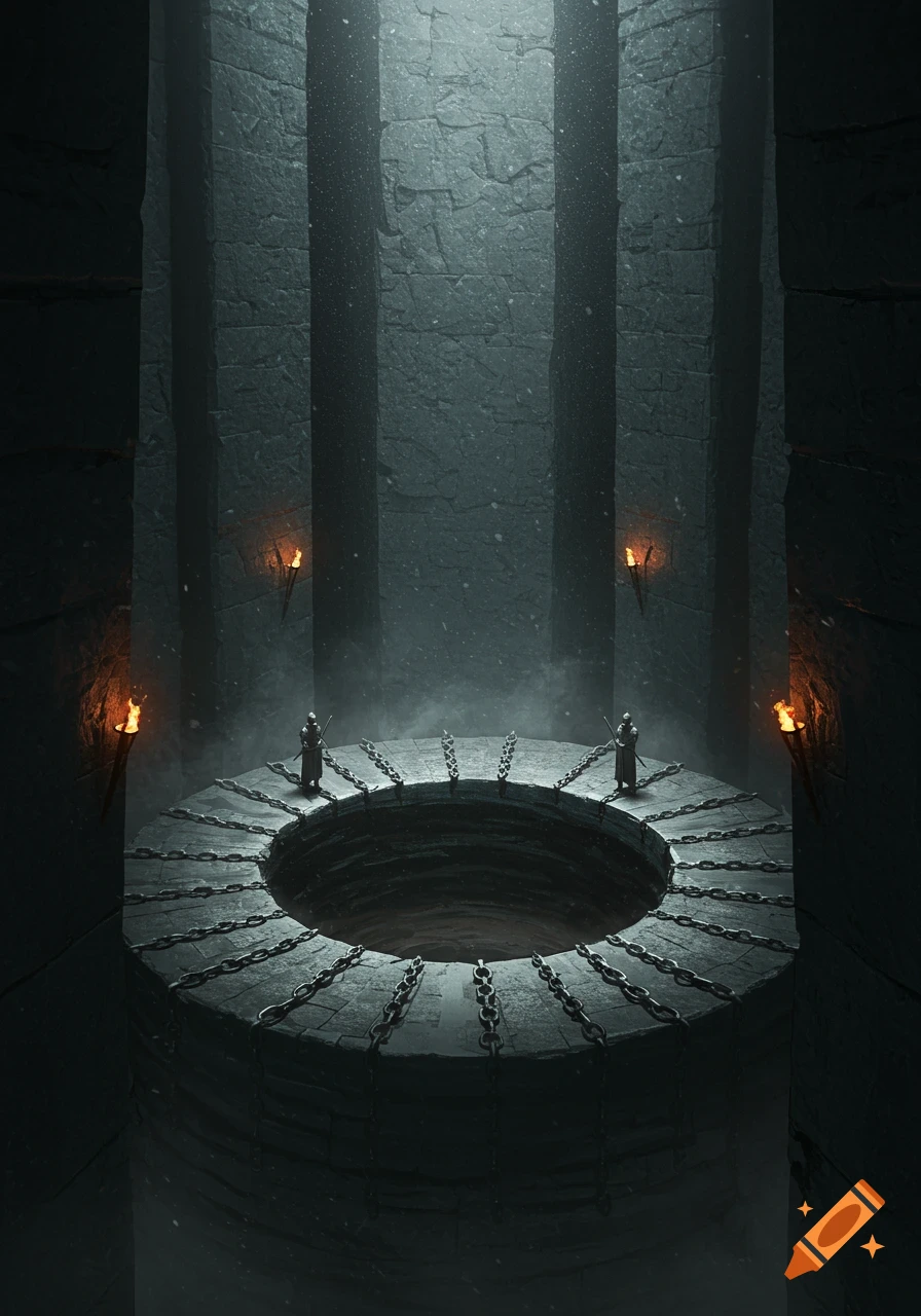 Two small soldiers stand on the stone rim of a deep pit, surrounded by ...