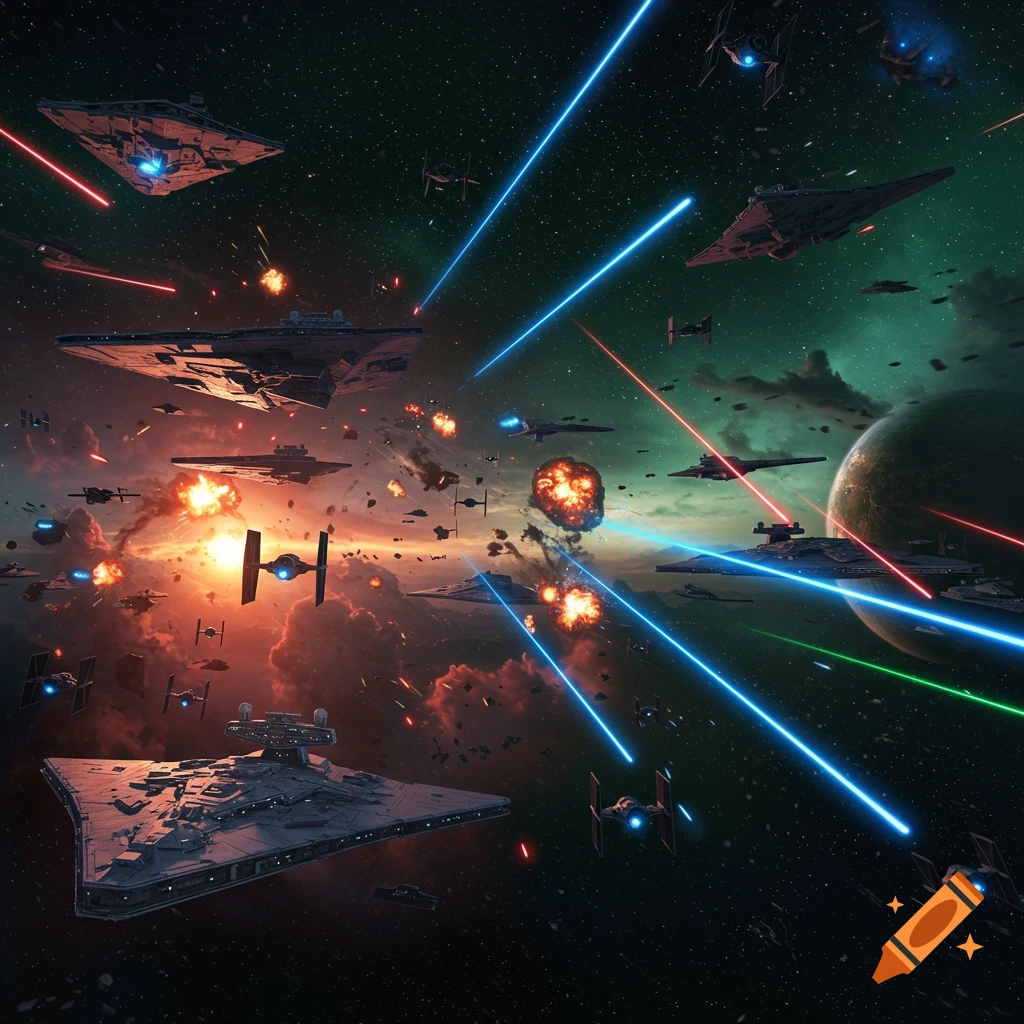 Star Wars scene with two Star Destroyers in a laser battle on Craiyon
