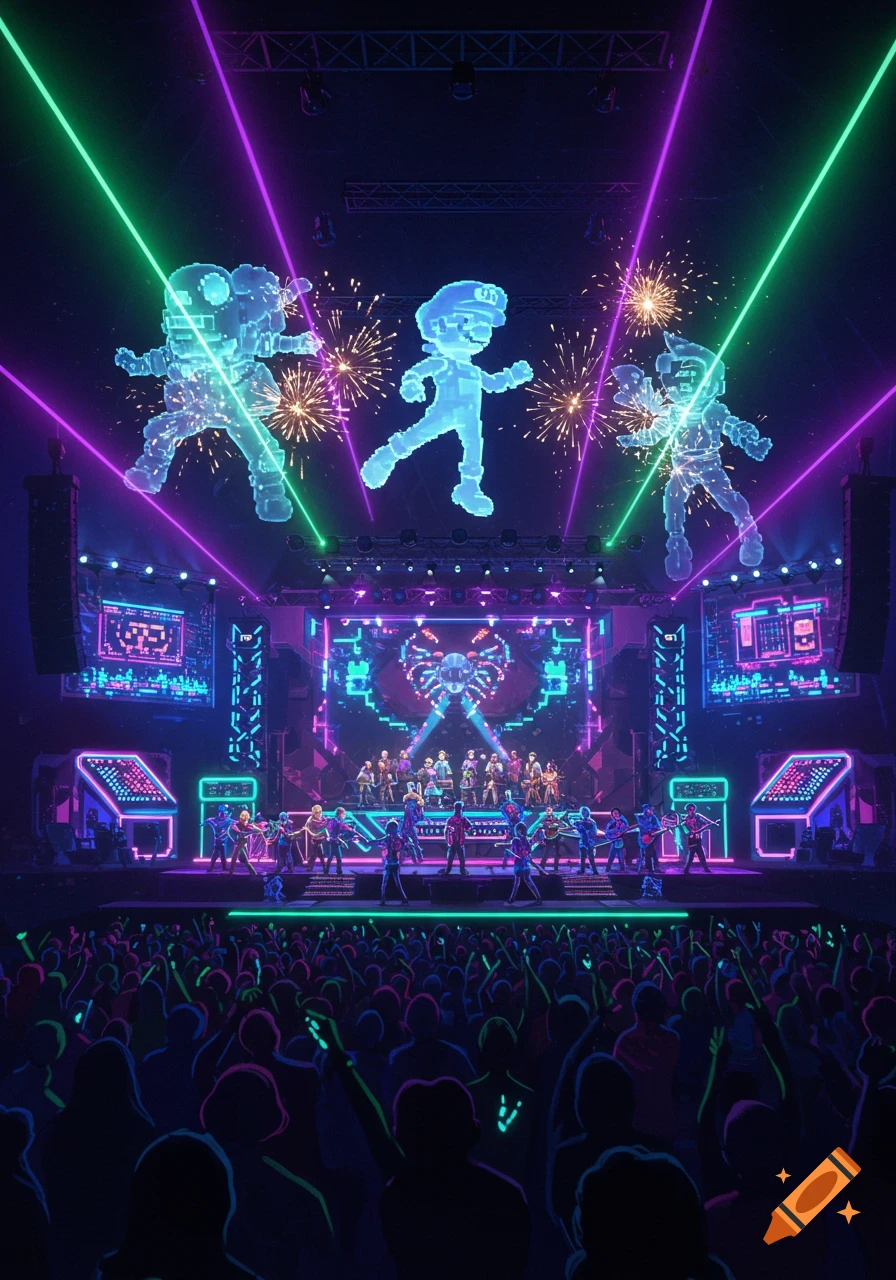 Vibrant neon-lit concert stage with pixelated holographic video game ...