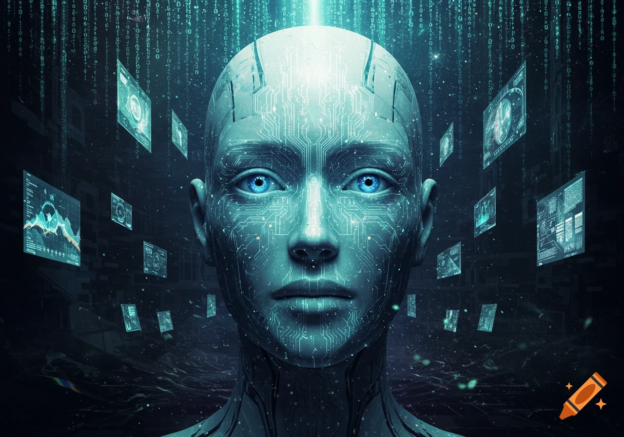 A distorted human face materializes from melting pixels with glowing ...