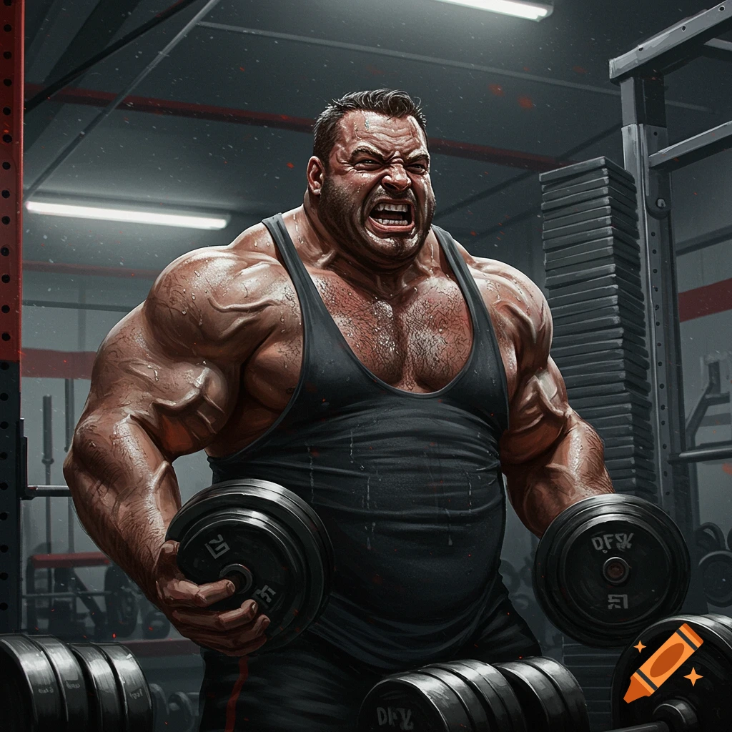 Photorealistic image of a very muscular man intensely lifting dumbbells ...