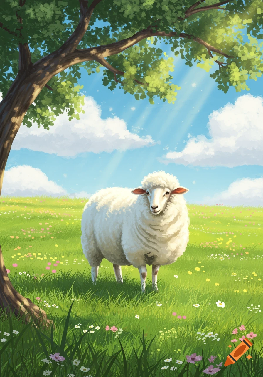 A cute, fluffy cartoon sheep stands smiling in a vibrant green meadow ...