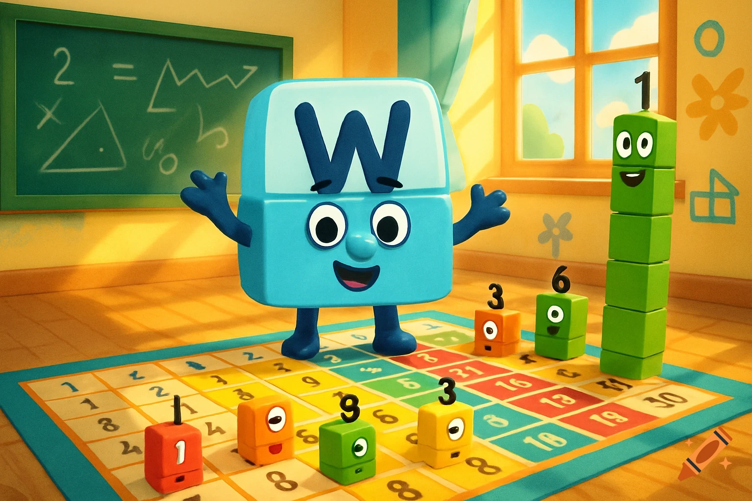 A cheerful blue block cartoon character, Numberblock 5, stands on a ...