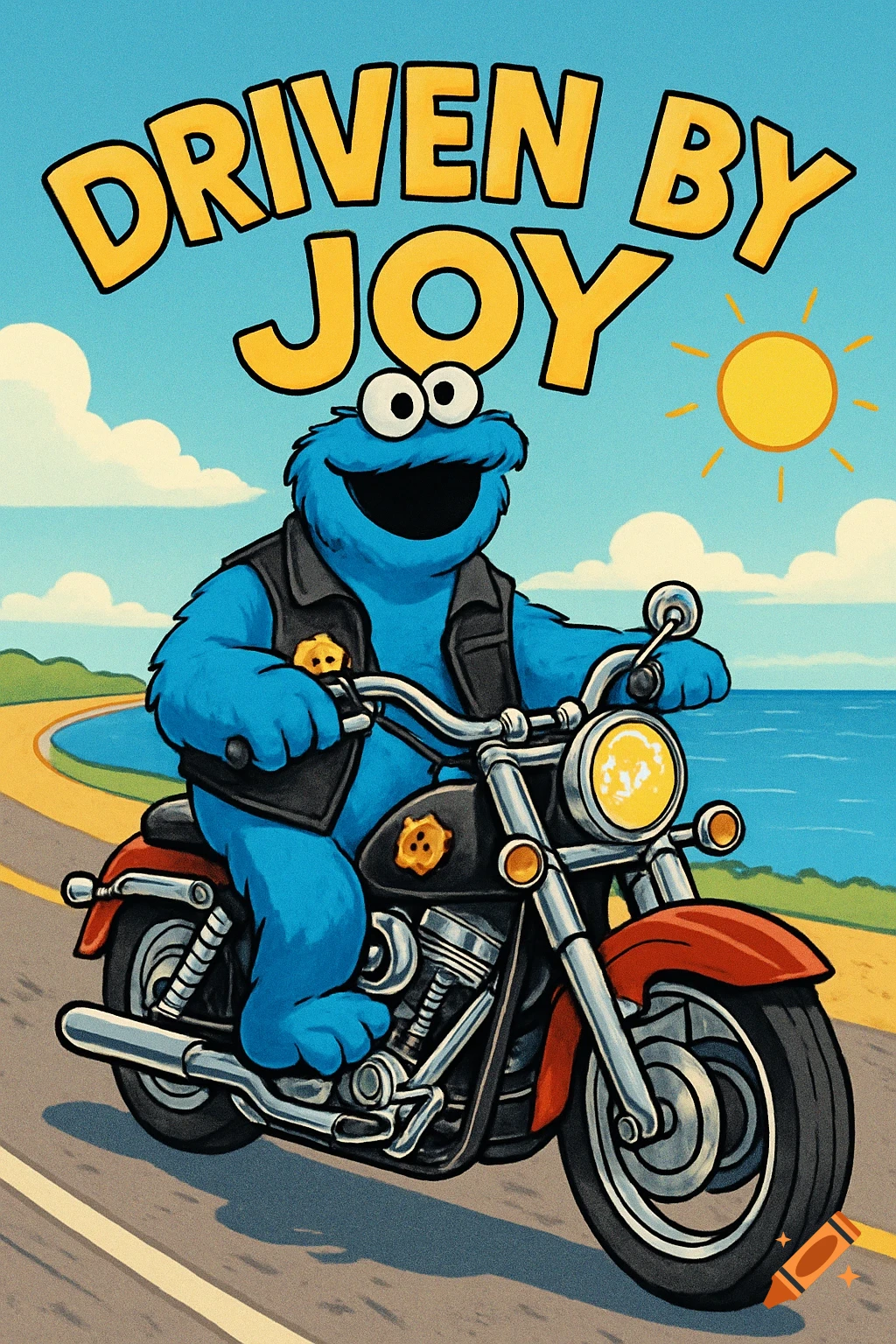 A cartoon Cookie Monster rides a motorcycle on a highway by the ocean ...