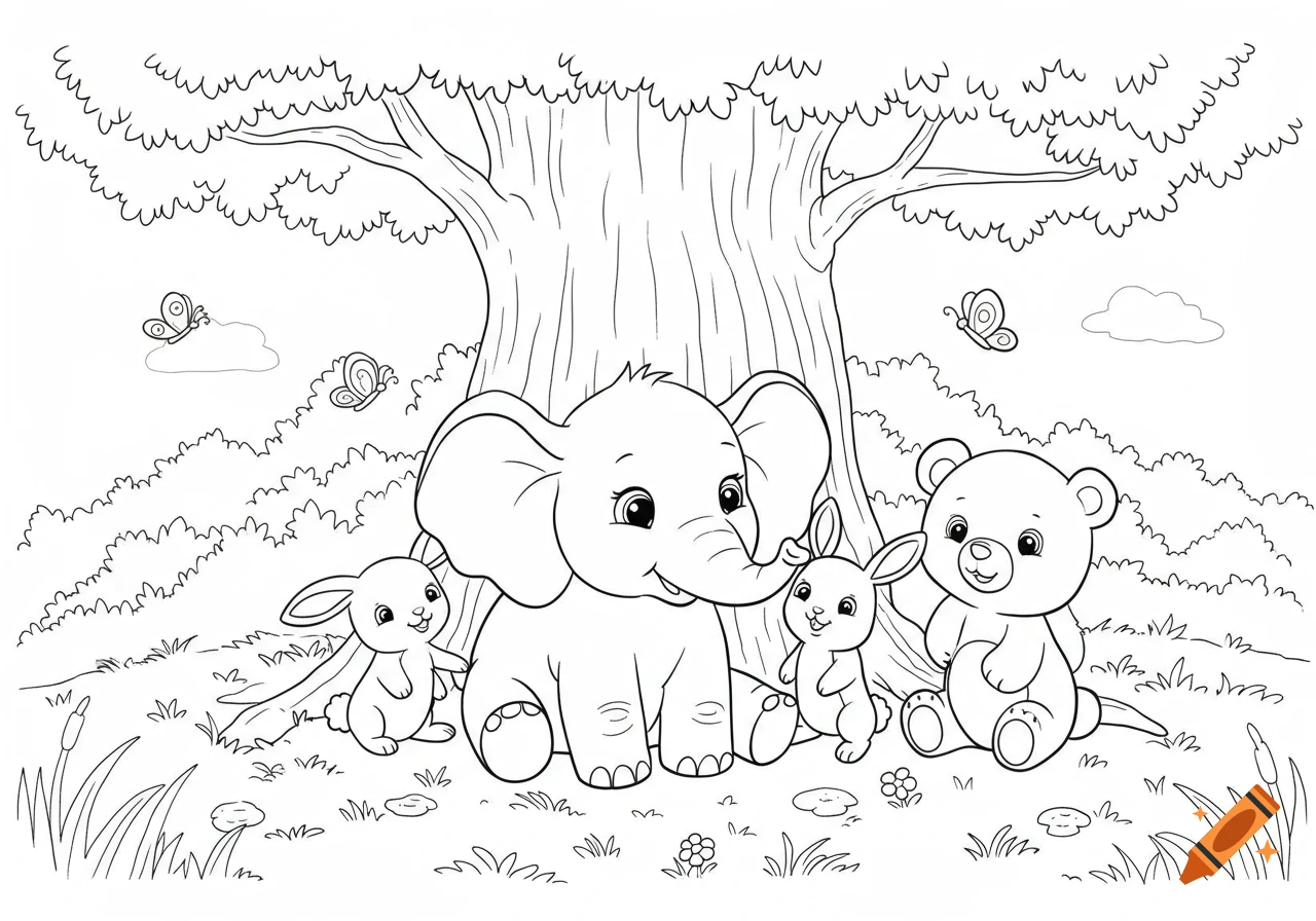 Black and white coloring book illustration of a cute cartoon elephant ...