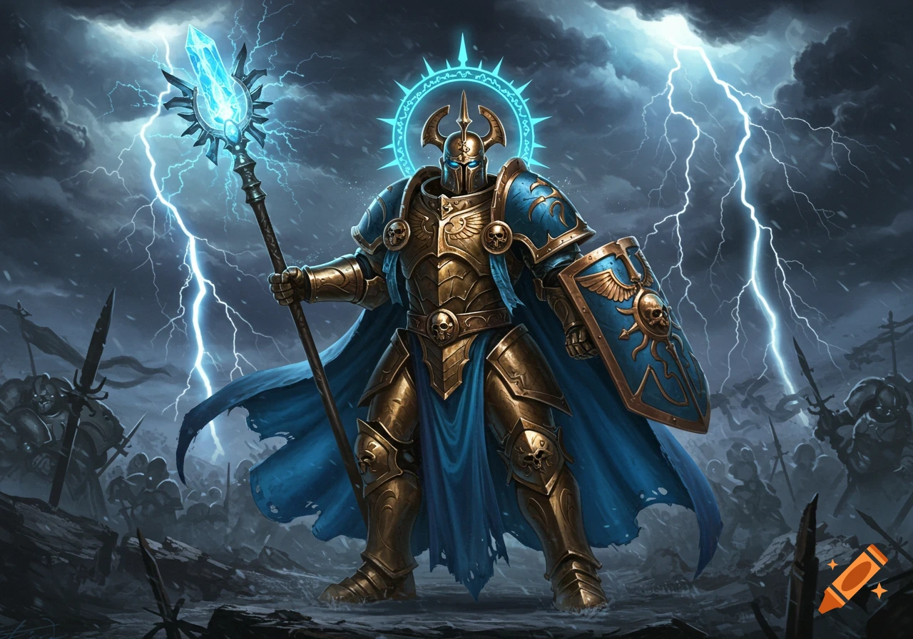 A futuristic knight in silver and blue armor stands on a cliff above a ...