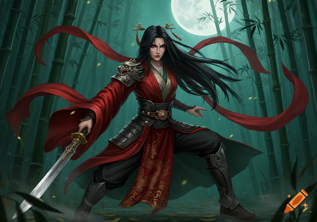 A red-skinned female oni with horns and long dark hair, clad in ...