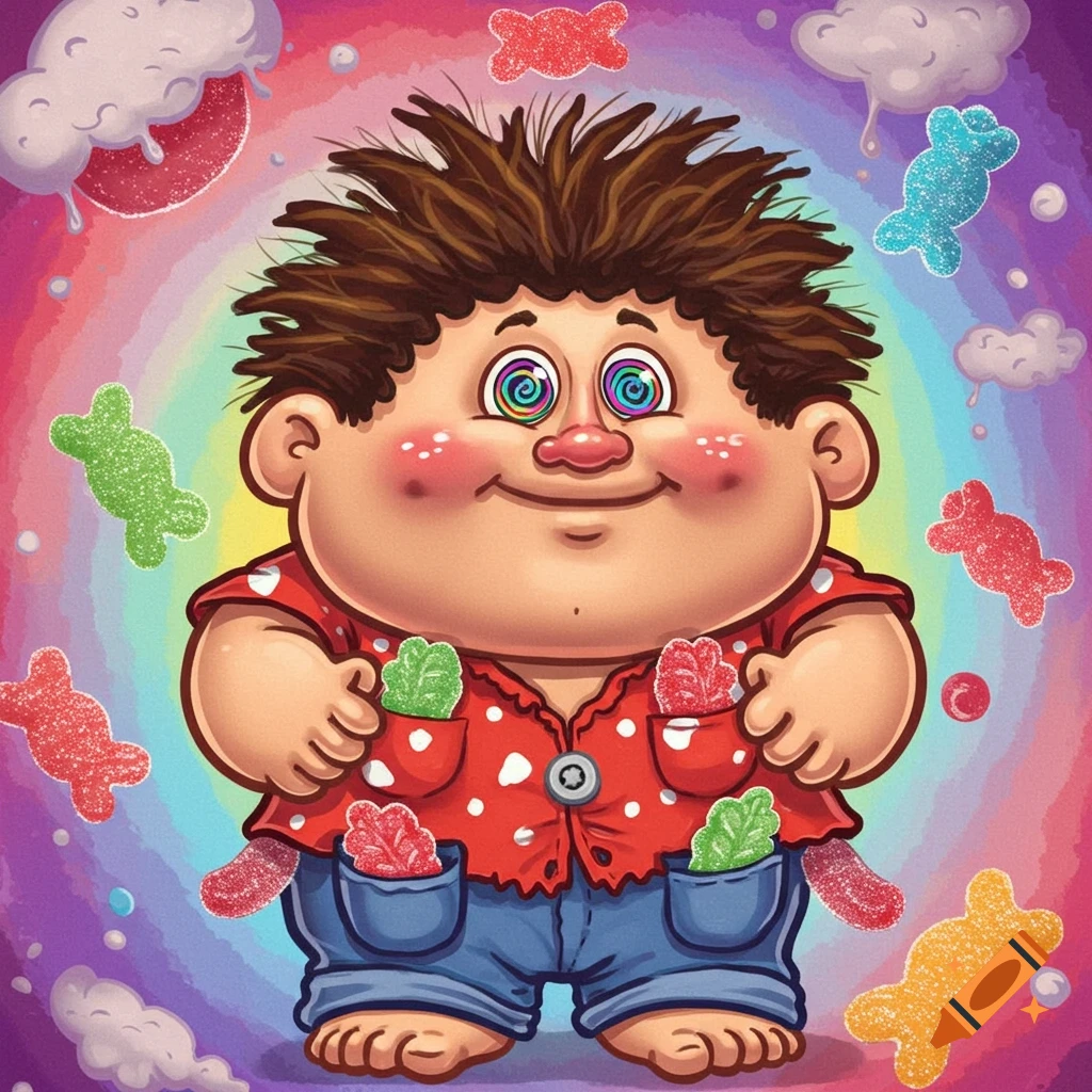 A cartoon character in Garbage Pail Kids style, with messy brown hair ...