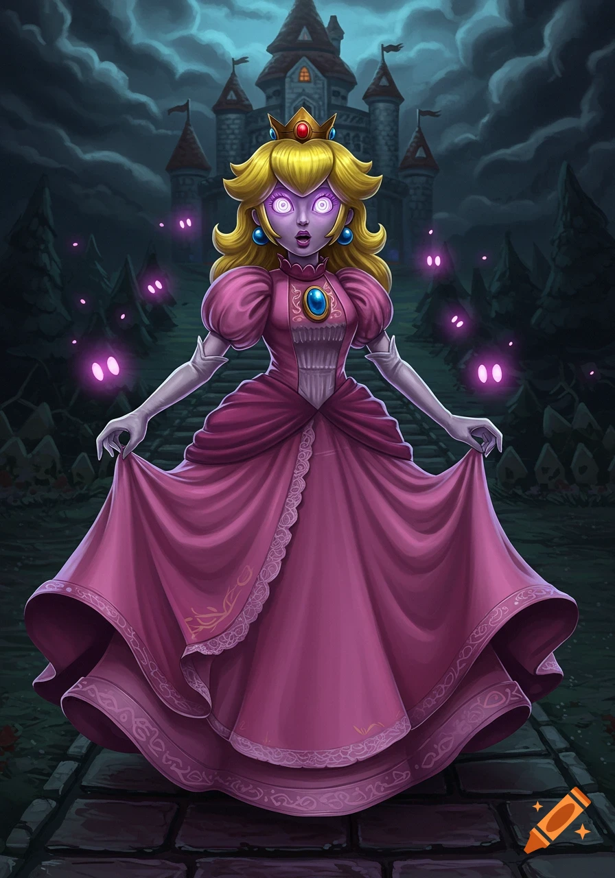 Princess Peach with glowing purple eyes stands before a dark castle ...