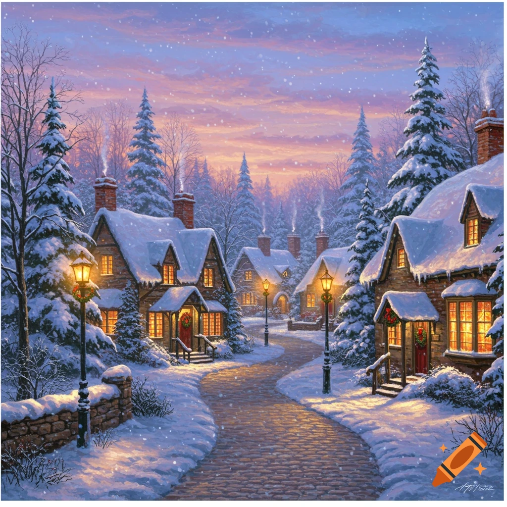 A snowy street in a town at night, illuminated by warm glowing vintage ...