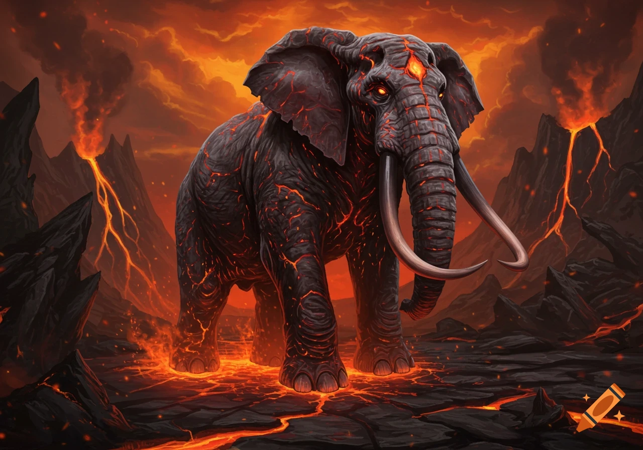 A lava turtle walks through a volcanic landscape with erupting ...