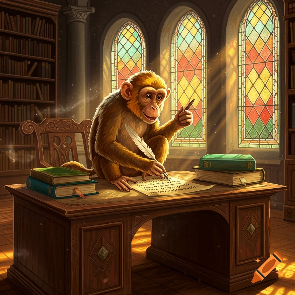 A brown monkey writes with a quill at a desk in a medieval library with ...