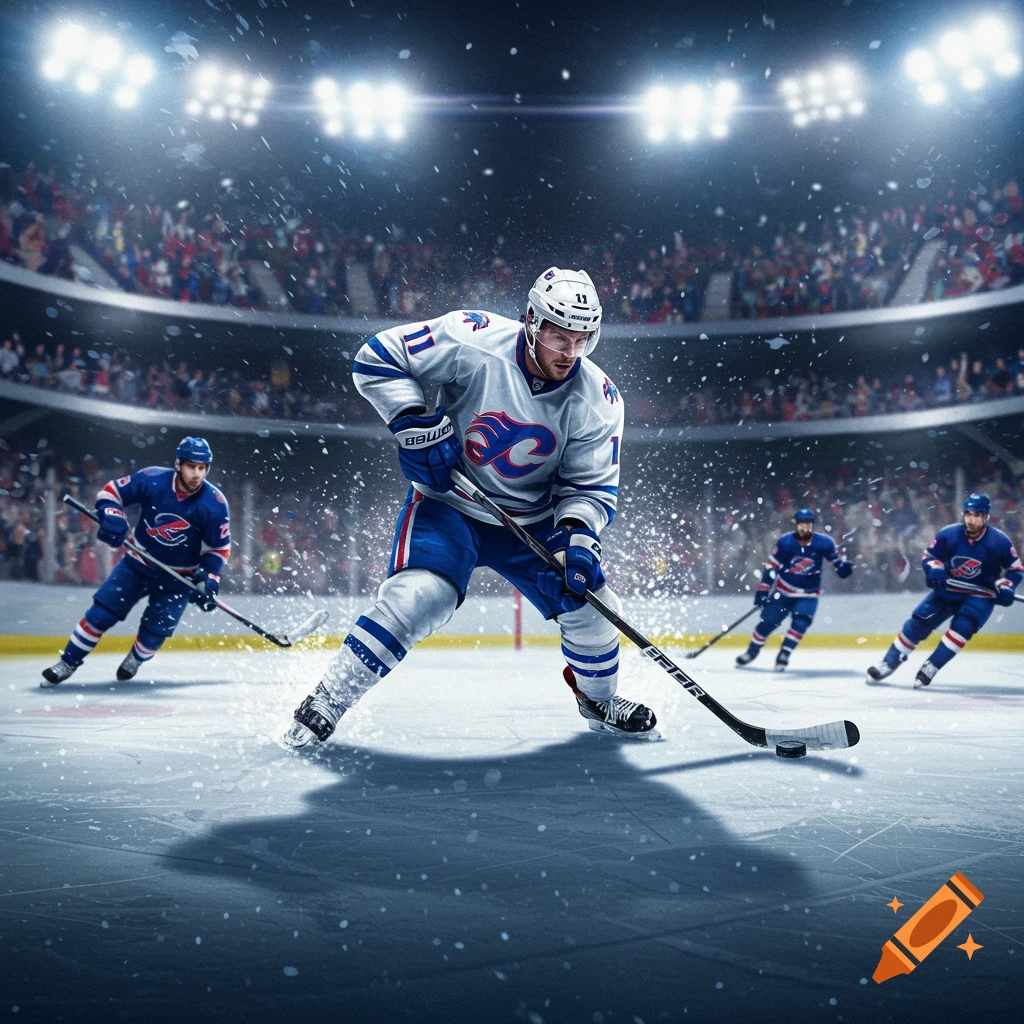 Mickey Mouse, Donald Duck, and Goofy playing hockey on ice in an arena ...