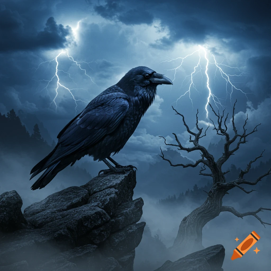A dark raven with glowing red eyes flies over a stormy sea and cliffs ...