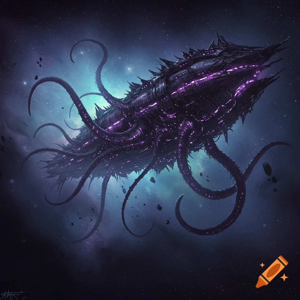 A dark purple, organic alien spaceship with glowing veins and tentacles ...