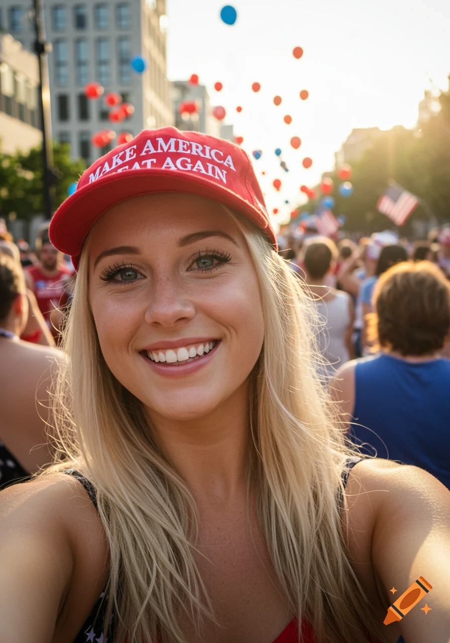 A smiling blonde woman in a red Make America Great Again hat takes a ...