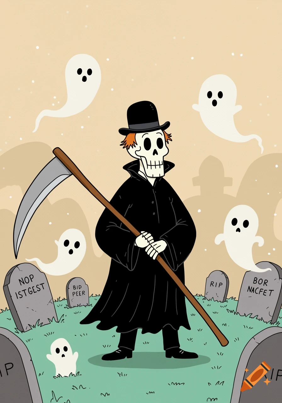 Cartoon Sketch of a Friendly Grim Reaper With a Scythe created on Craiyon