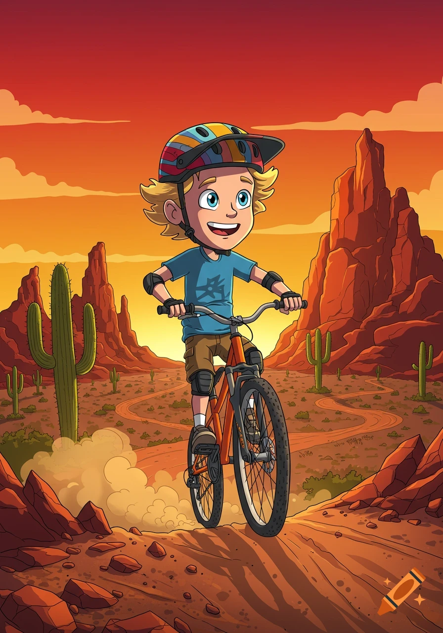A happy cartoon boy rides a mountain bike through a desert landscape ...