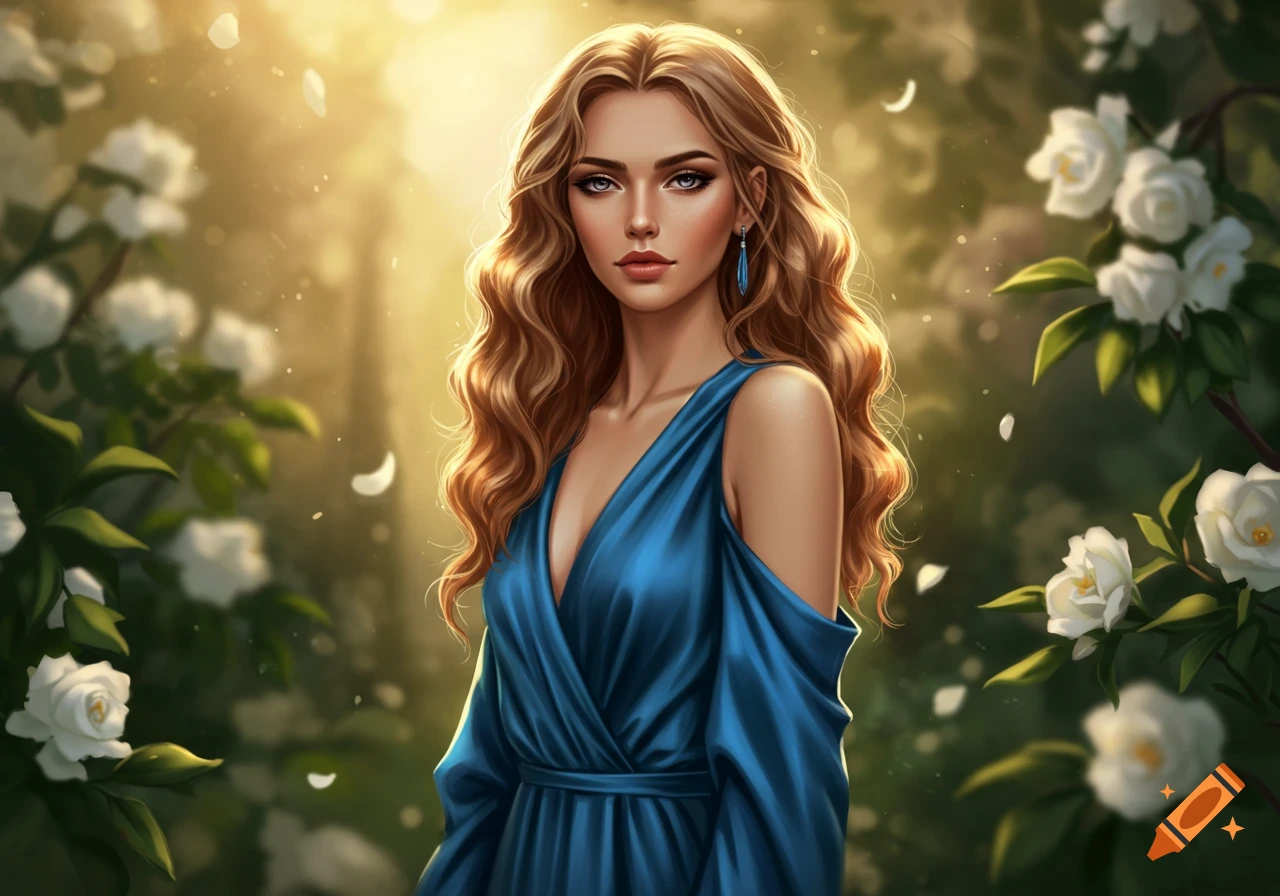 A woman with long red curly hair in a blue satin dress stands under a ...