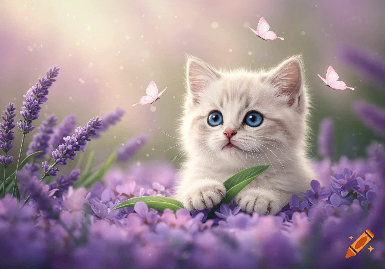 A cute pink kitten with big brown eyes sits amidst purple lavender ...