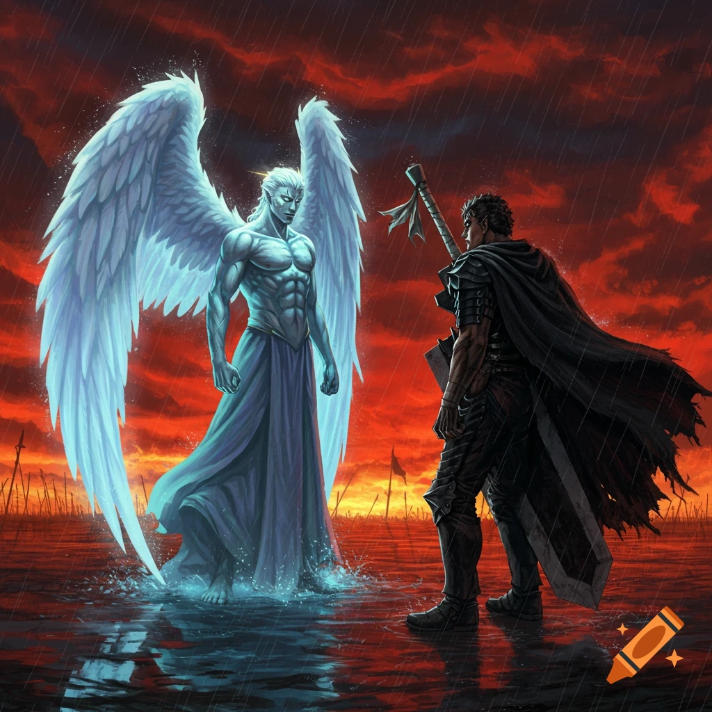 An angelic figure with large white wings faces a dark armored warrior ...