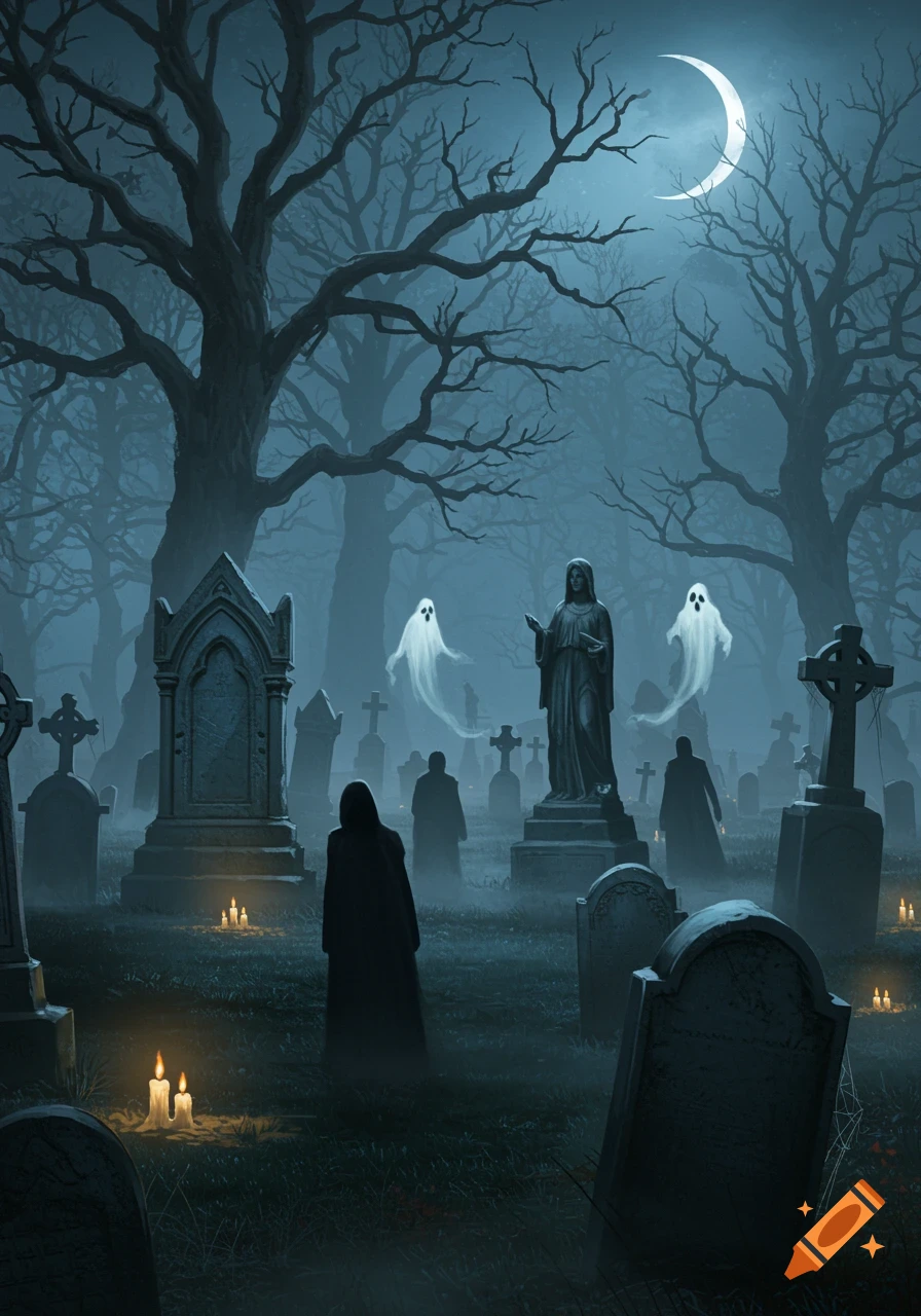 A spooky graveyard scene at night with a large full moon, bare trees ...