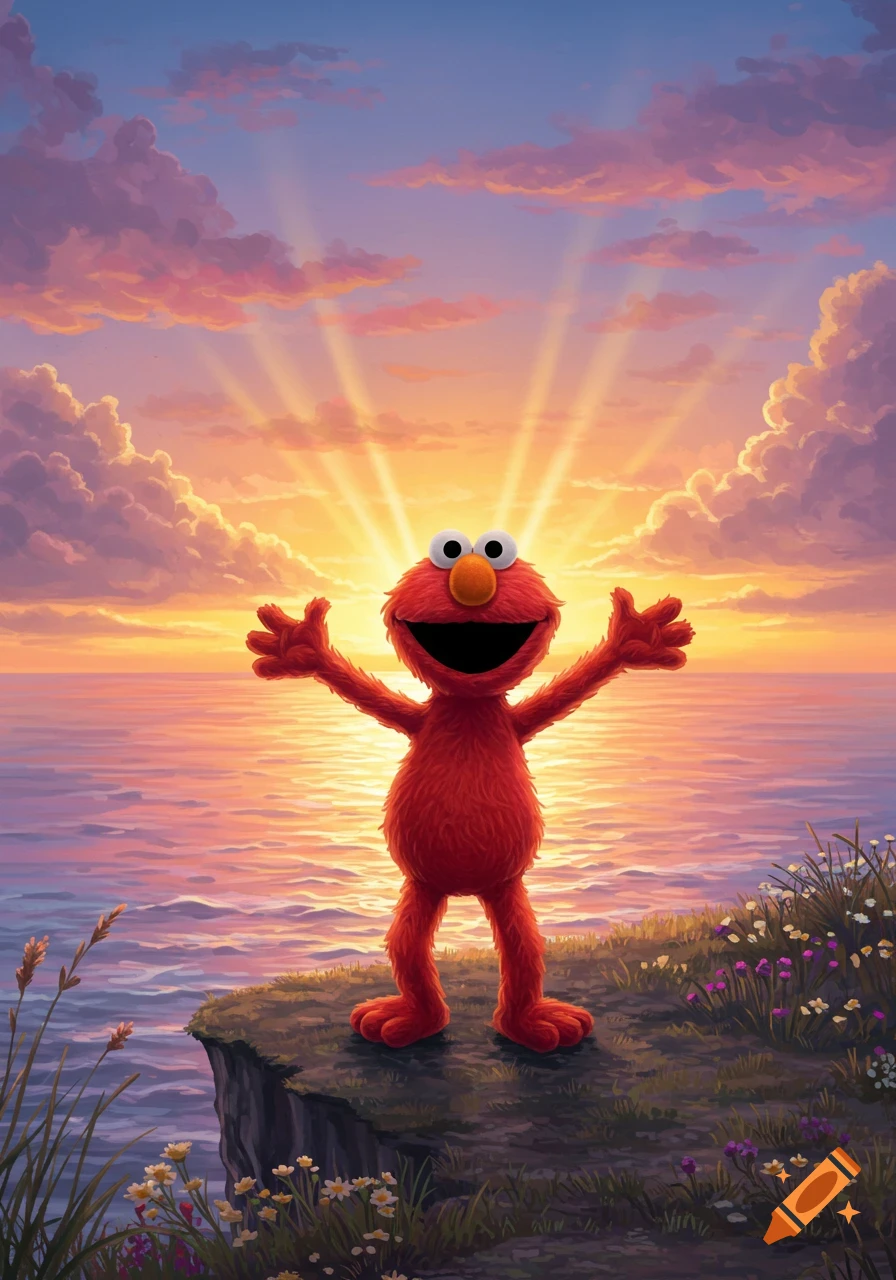 Elmo, the red furry character, stands with arms outstretched and a wide ...