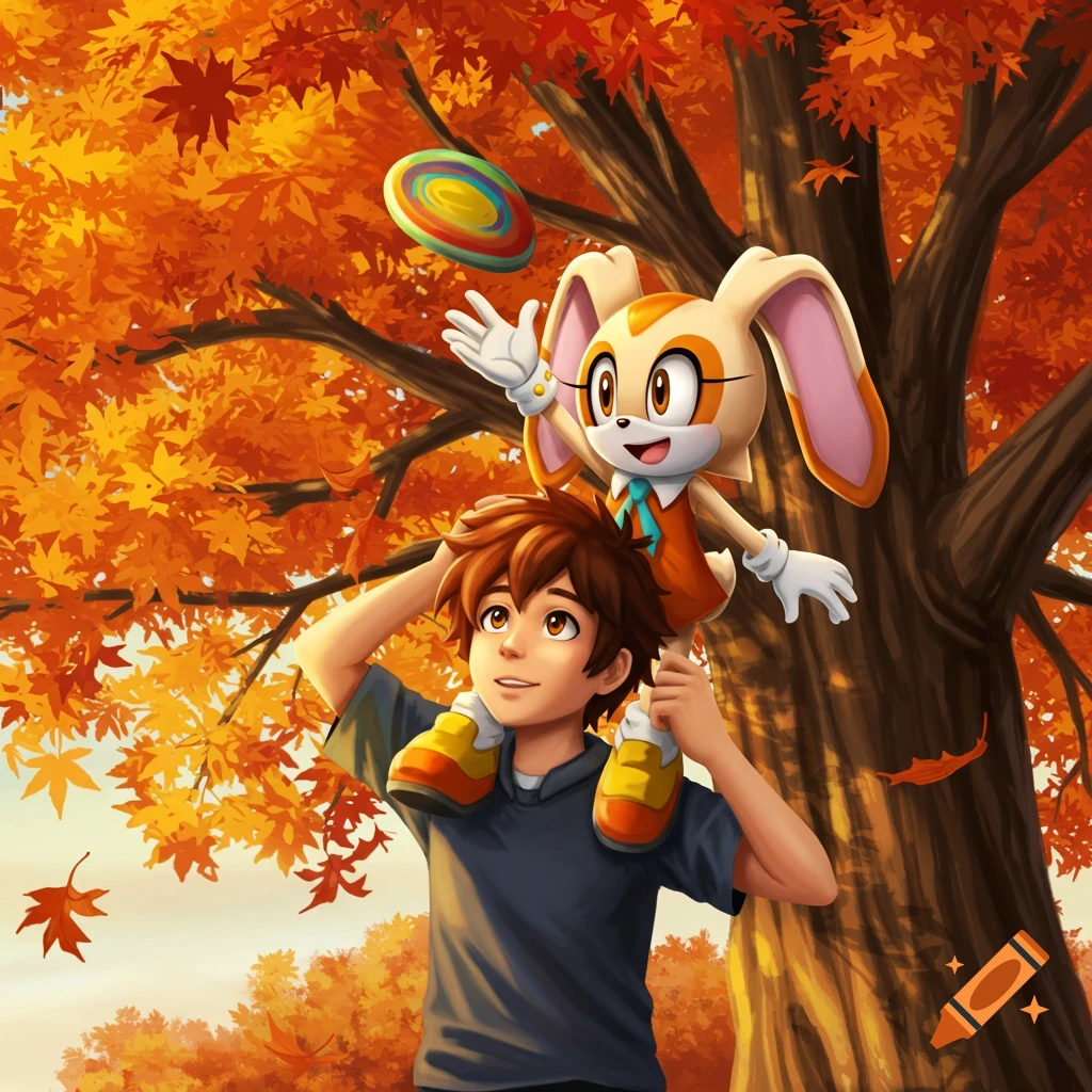 Cream the Rabbit sits on a boy's shoulders under an autumn tree ...