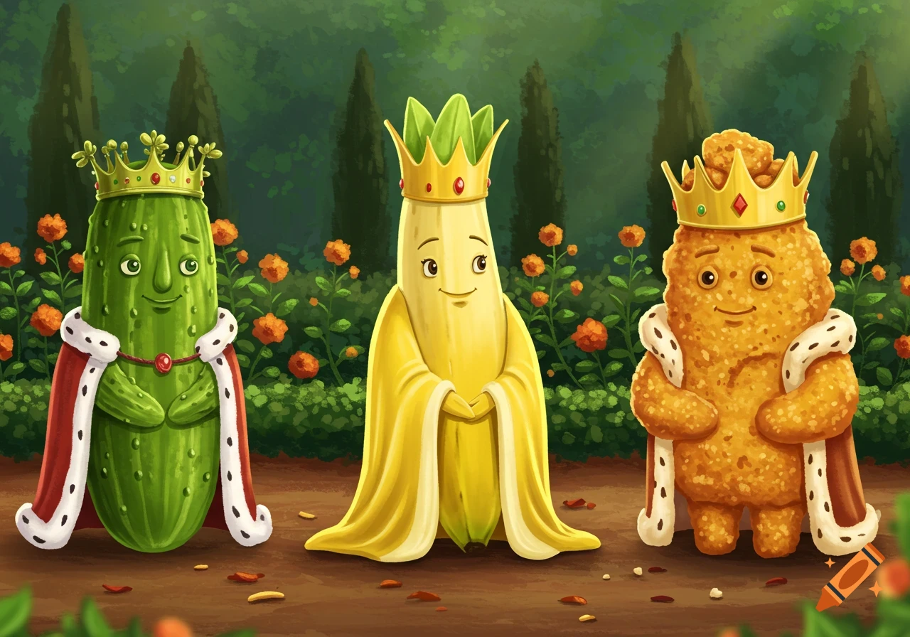 A cartoon pickle king, banana king, and chicken nugget king sit on thrones in a golden forest ...