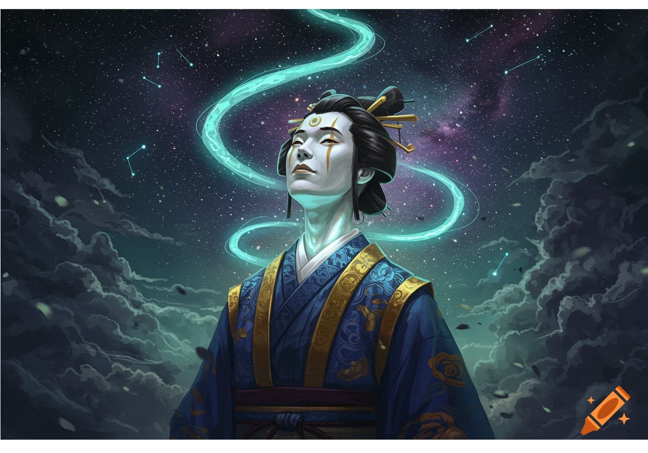 A Japanese-style character in traditional attire looks up at a starry ...