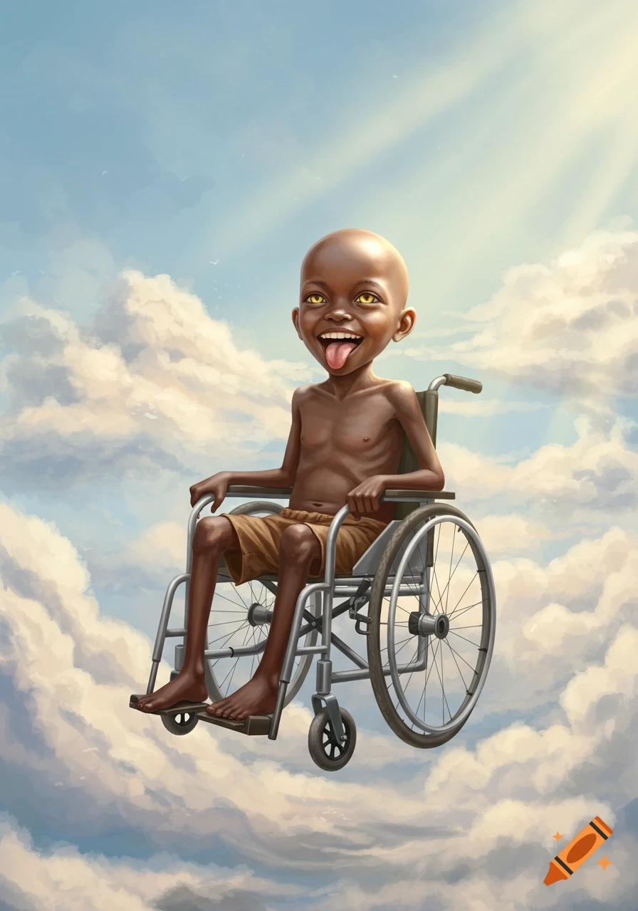 A bald Black child in a wheelchair floats above an erupting volcano ...