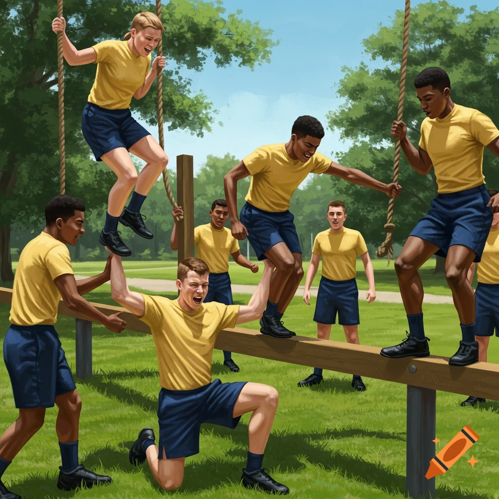 Cadets in yellow shirts and blue shorts navigate an outdoor obstacle ...
