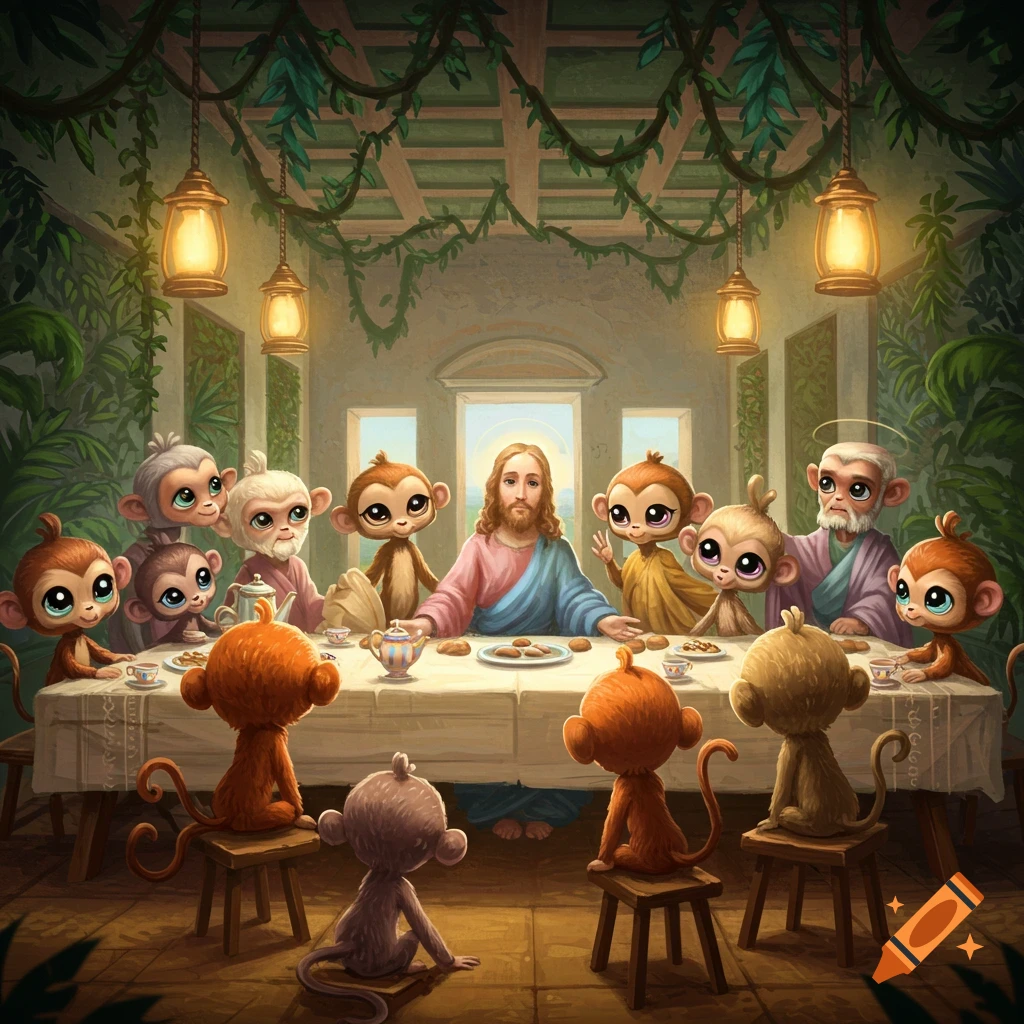 Five cartoon-style monkeys gathered in a richly decorated living room ...