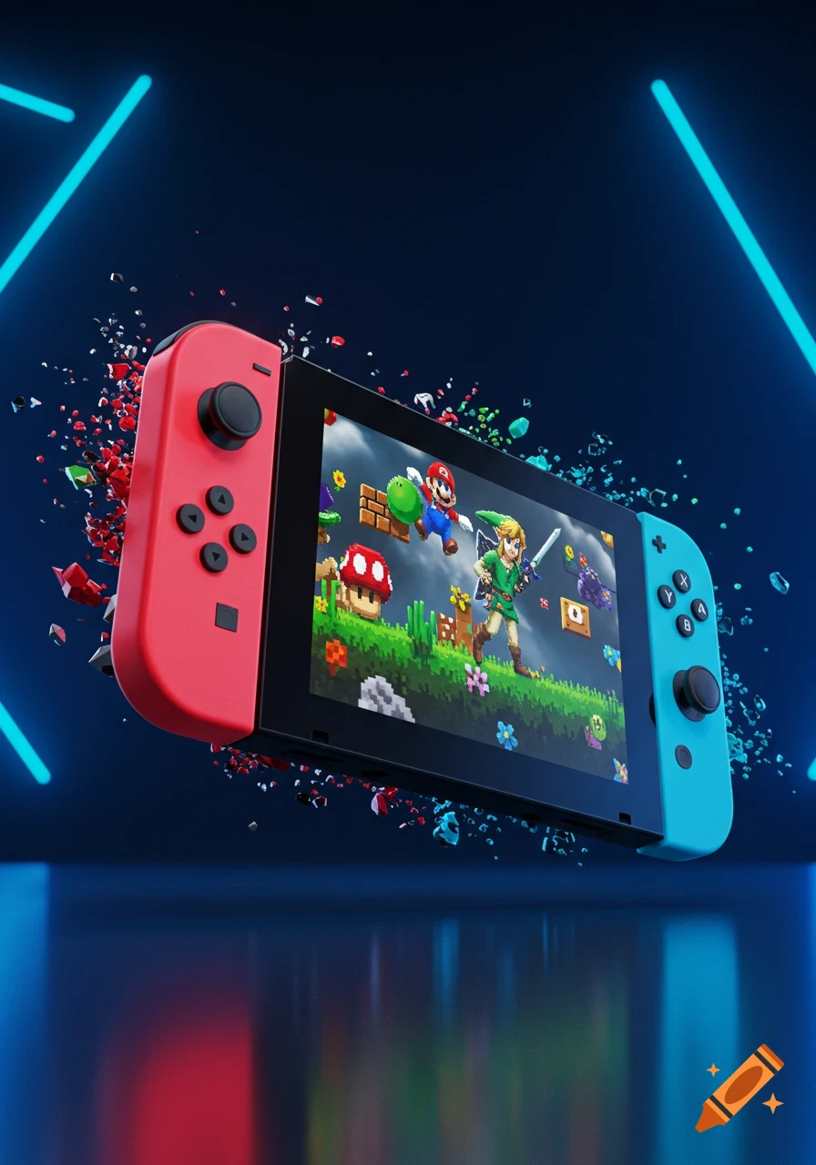 A Nintendo Switch console floats in a dark blue space with neon lights ...