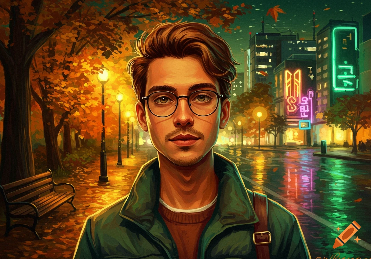 A young man with glasses and a mustache stands on a wet street at night ...