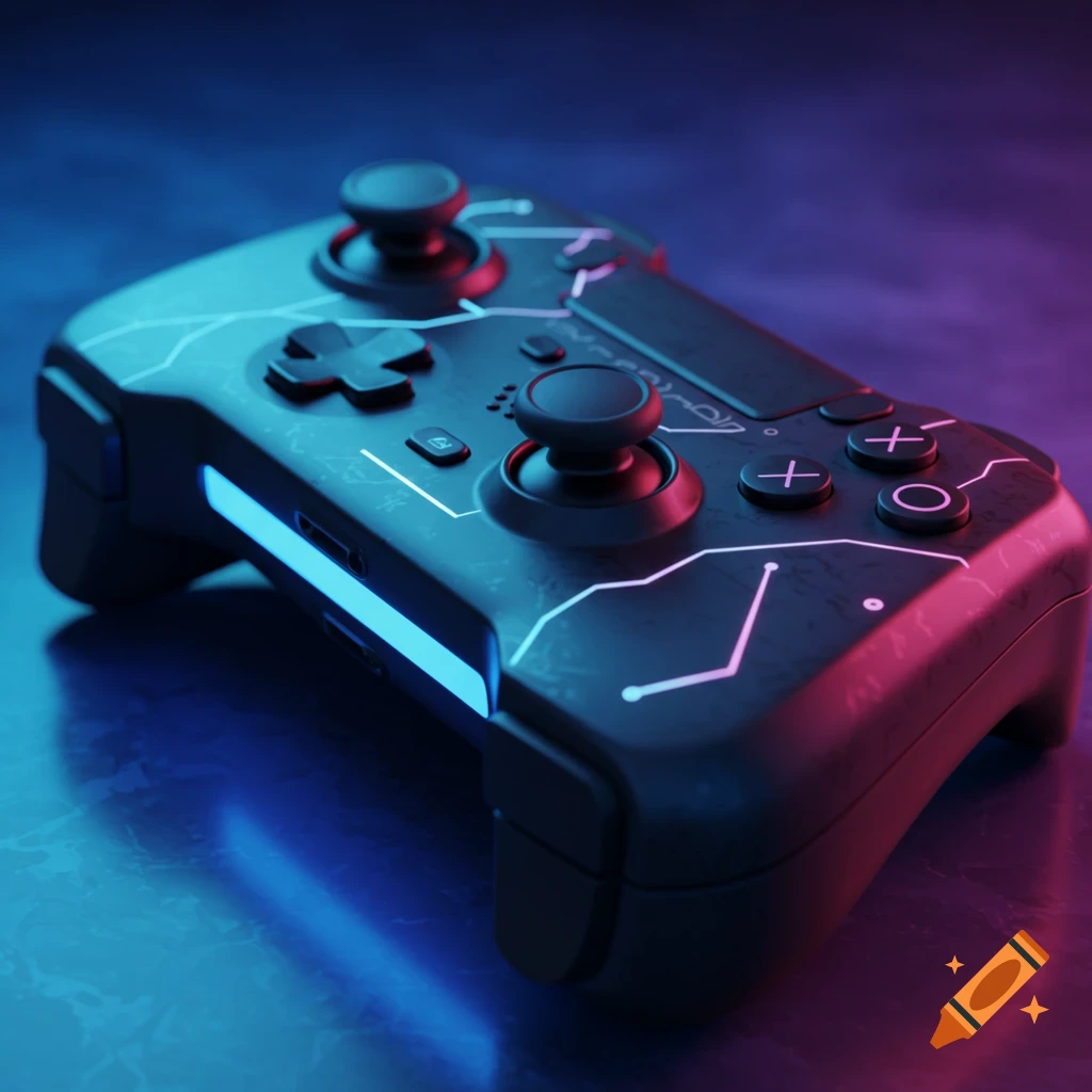 A close-up, high-angle shot of a black game controller with neon blue ...