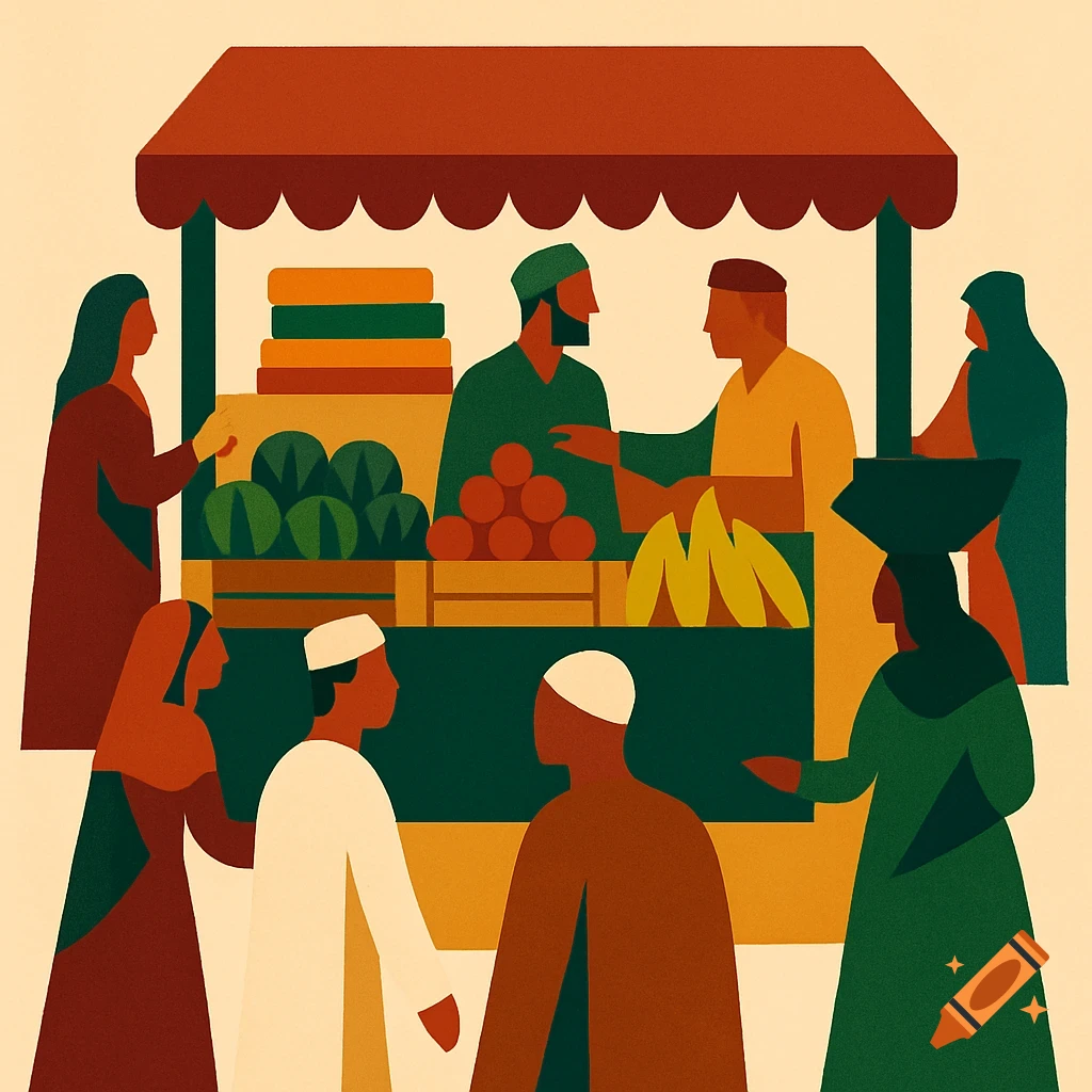 A stylized illustration of a bustling marketplace with vendors and ...