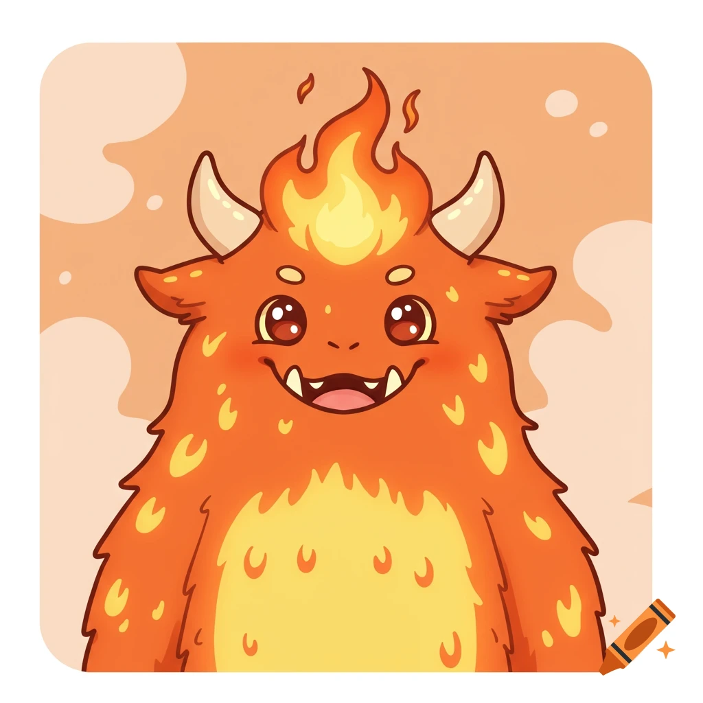A friendly, orange, furry fire monster with horns and flames on its ...