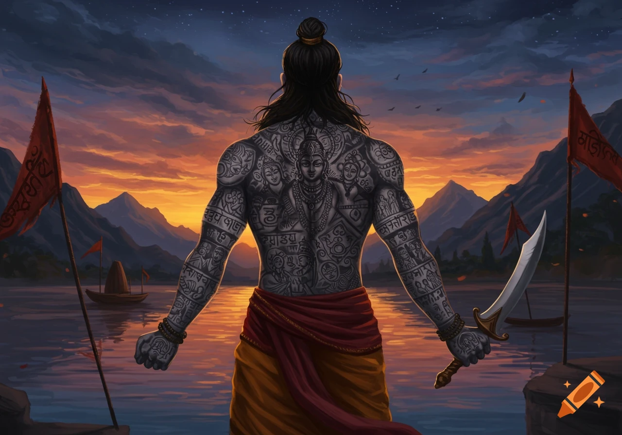 Karna, a Hindu warrior, in golden armor and pink clothing, holding a ...