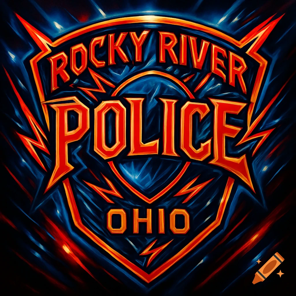 A vibrant, stylized logo for Rocky River Police Ohio in a rock and roll ...