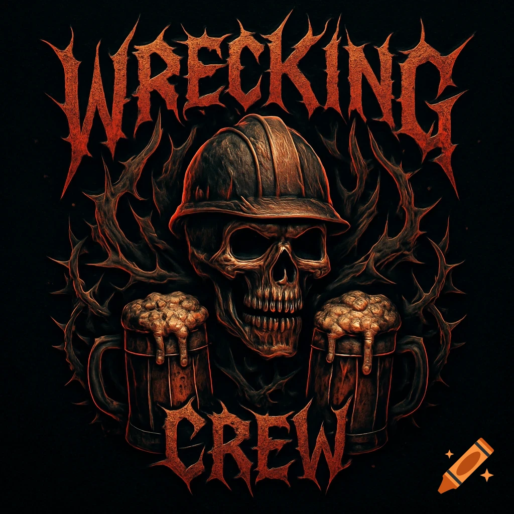 A dark, stylized death metal logo featuring a skull wearing a hard hat ...