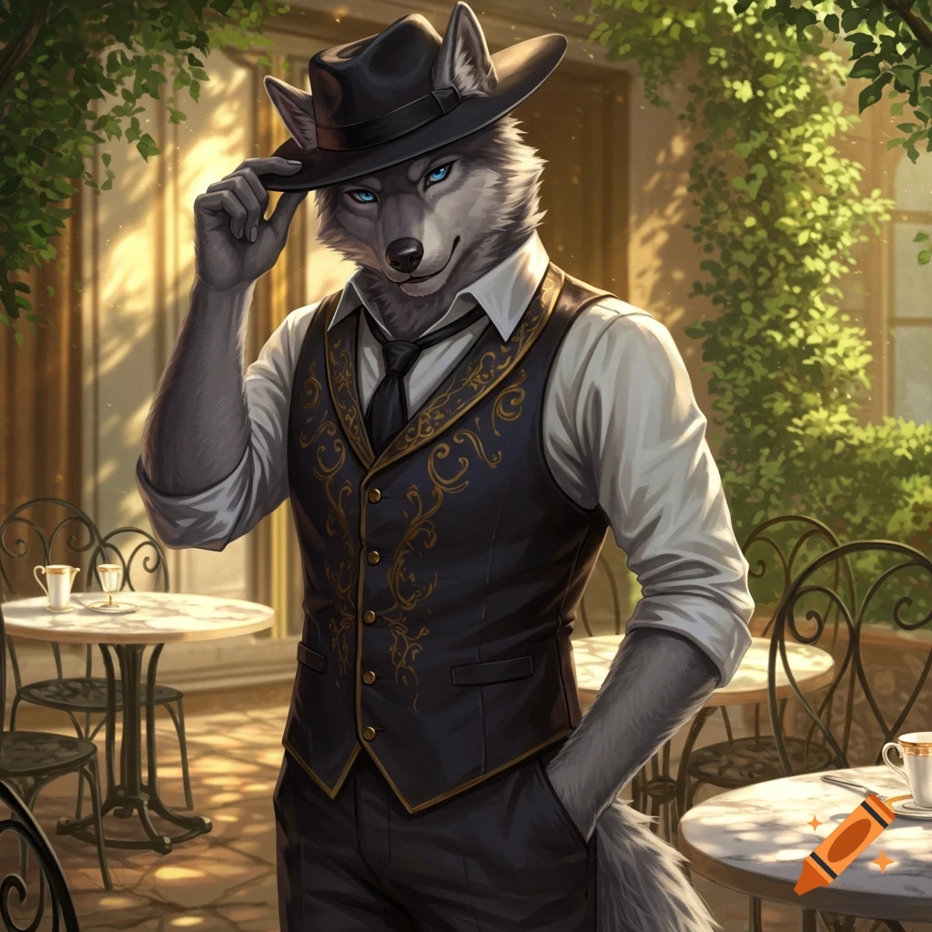 A stylish anthropomorphic wolf in a suit and fedora tipping his hat at ...
