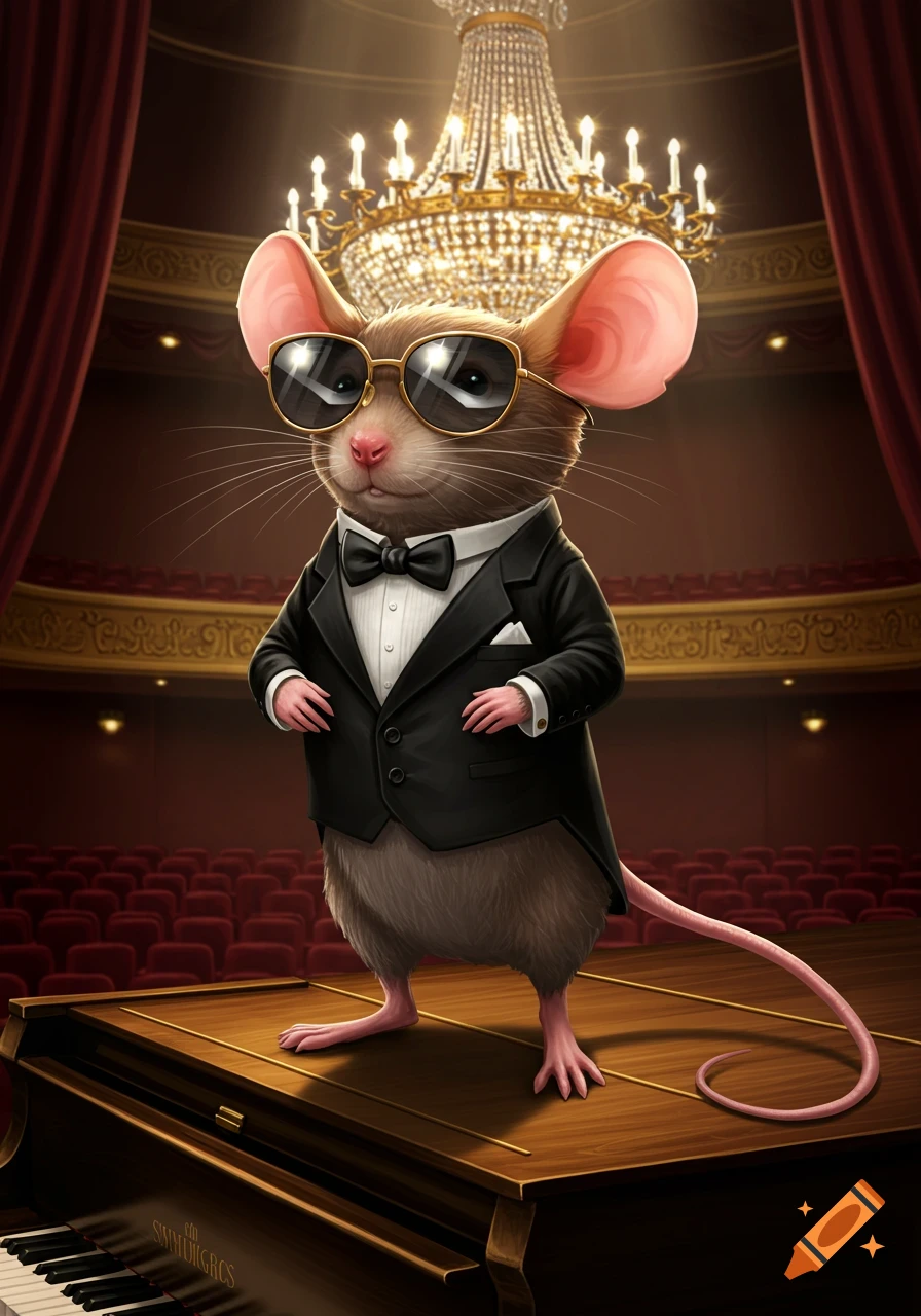 A cool mouse in a tuxedo and sunglasses stands on a grand piano in an ...