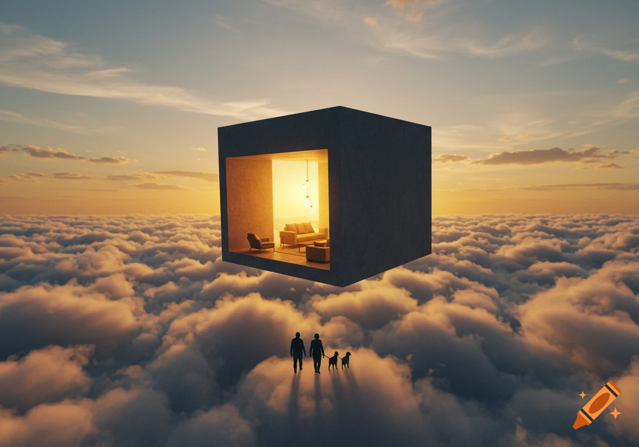 A surreal scene of a large open cube floating above a sea of clouds at ...