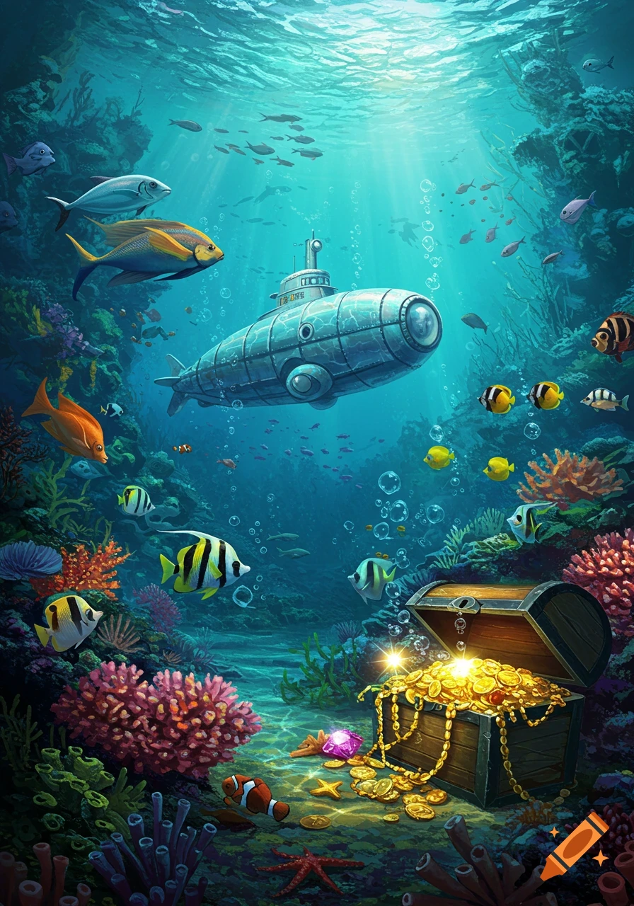 Vibrant underwater scene with a stylized submarine, colorful fish, and a sparkling open treasure ...