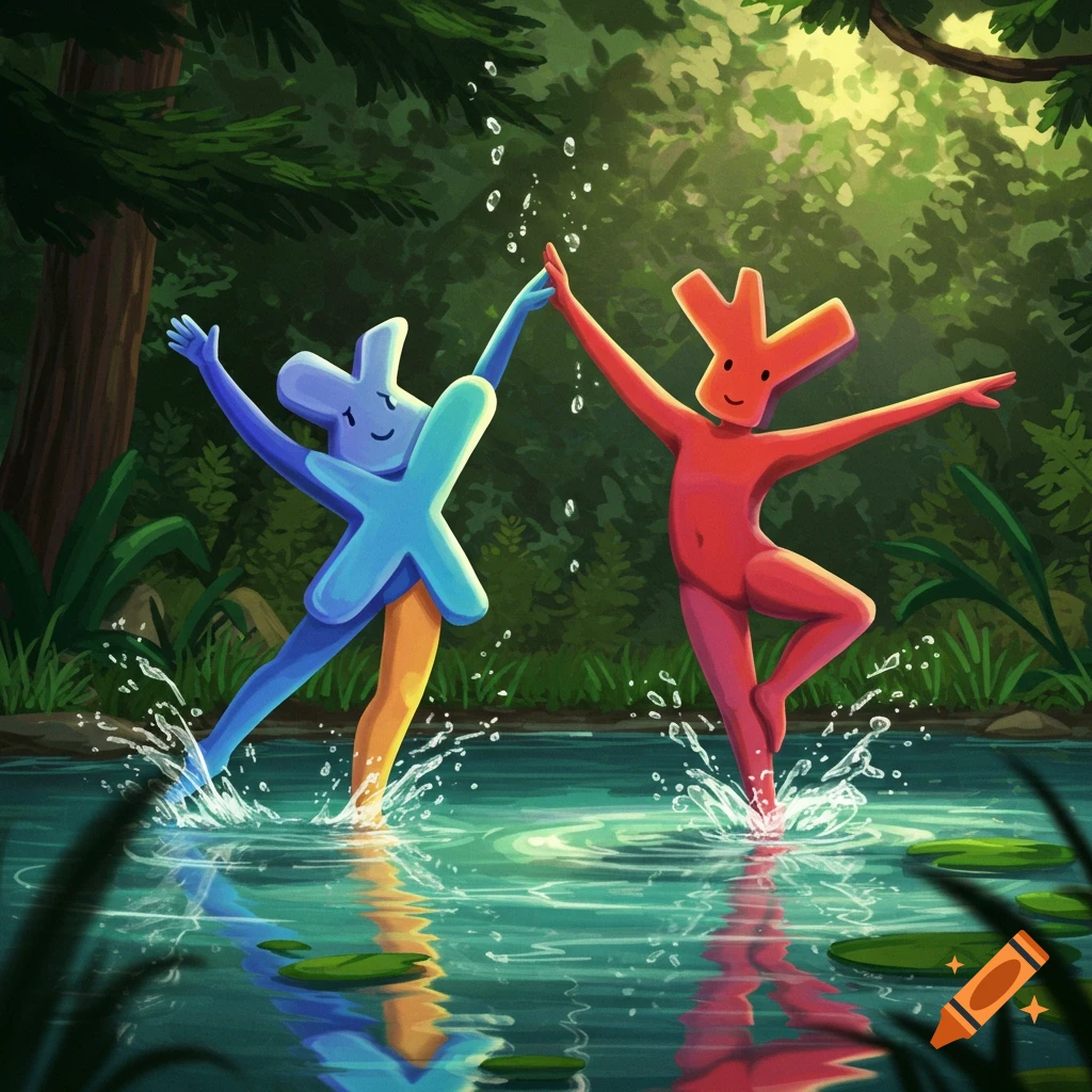 Stylized blue and red humanoid figures splash and dance in a vibrant ...