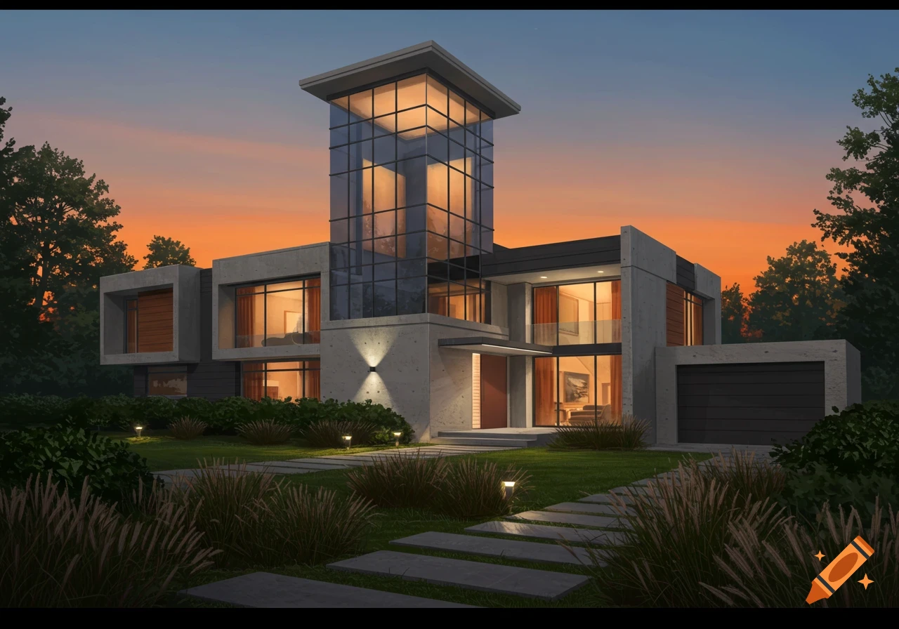 A modern concrete and glass house with a towering central glass section ...