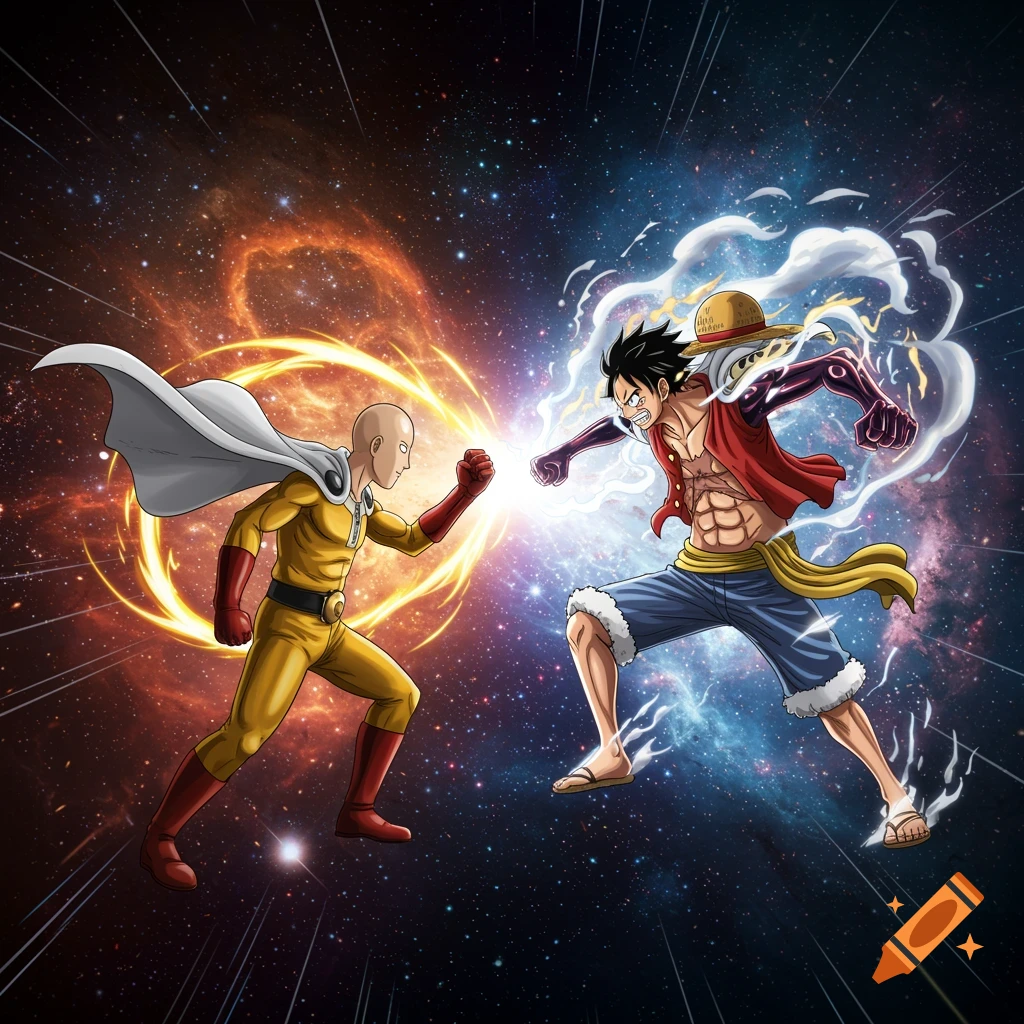 Saitama and Monkey D. Luffy in Gear 5 punching each other in space ...